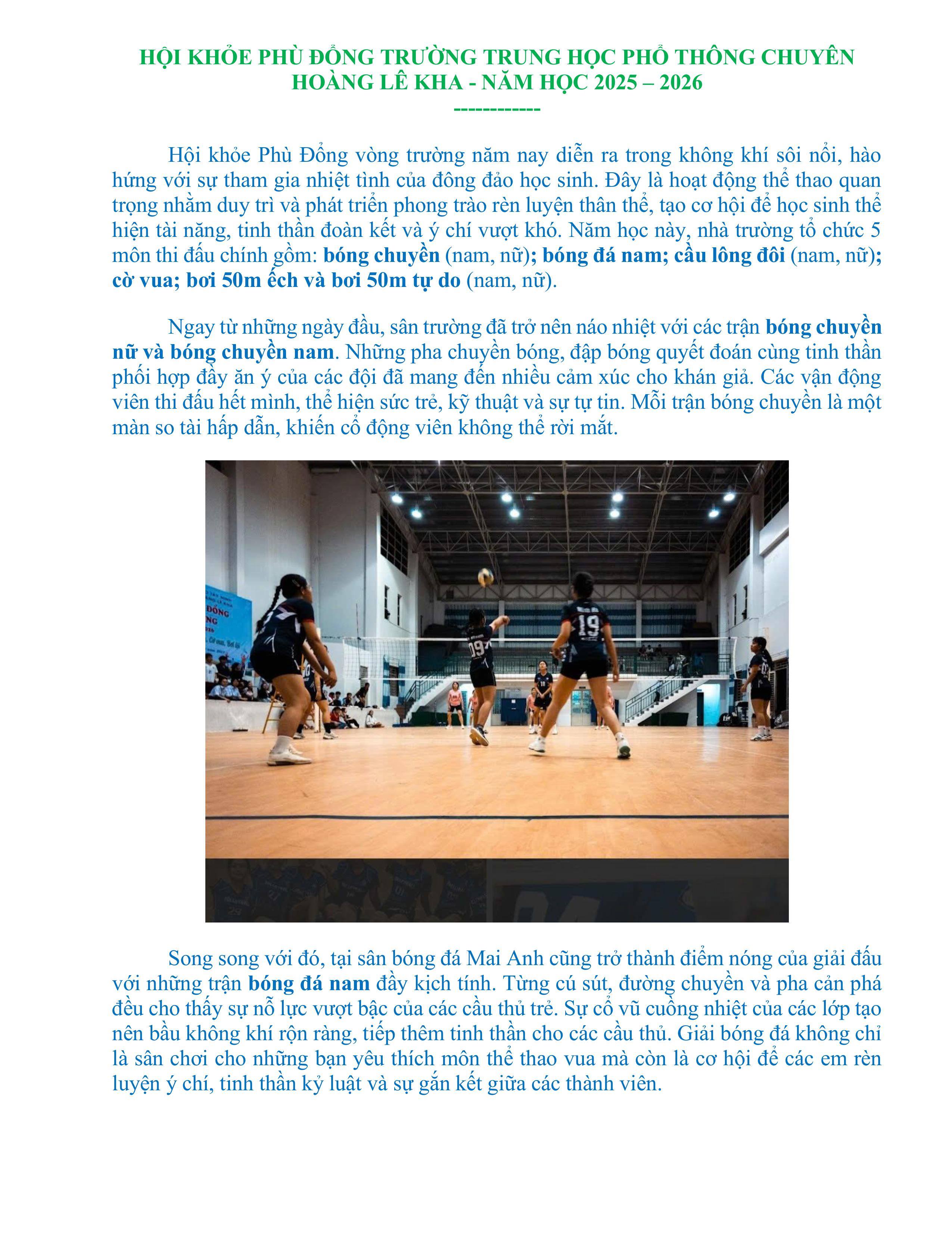 HỘI KHỎE PHÙ ĐỔNG TRƯỜNG TRUNG HỌC PHỔ THÔNG CHUYÊN HOÀNG LÊ KHA - NĂM HỌC 2025 – 2026